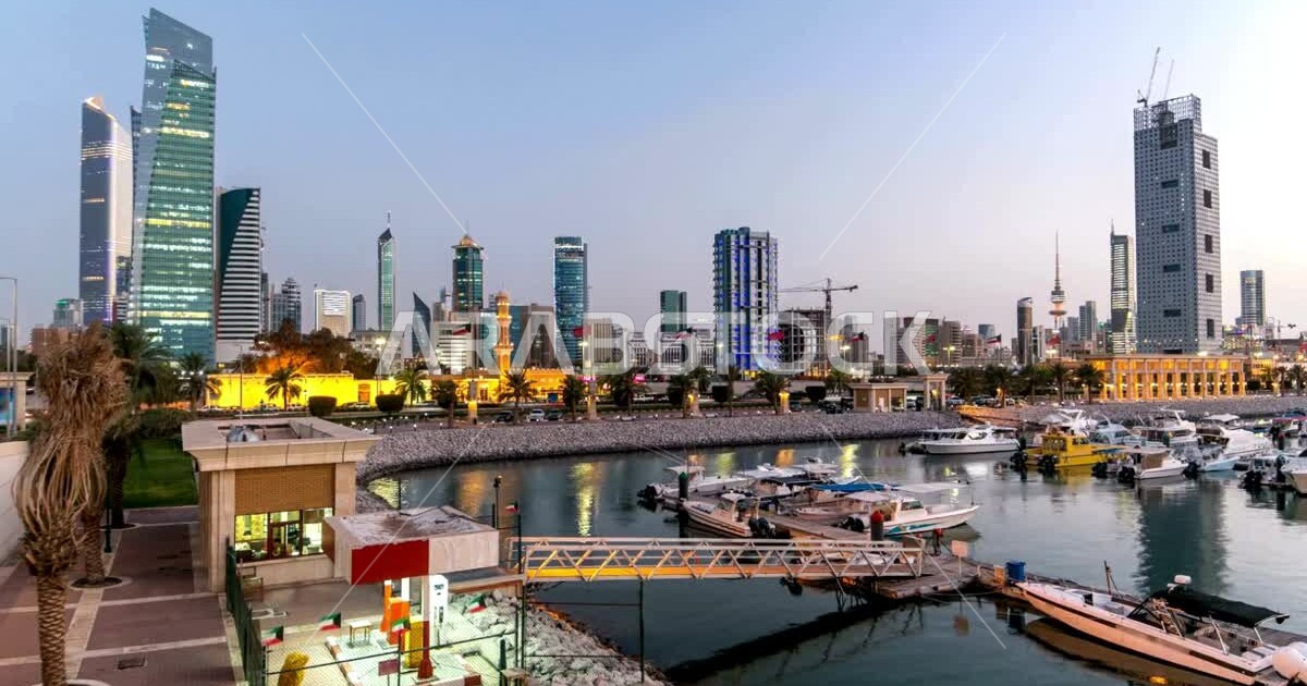 Time lapse of car movement in Kuwait, famous towers and landmarks of ...
