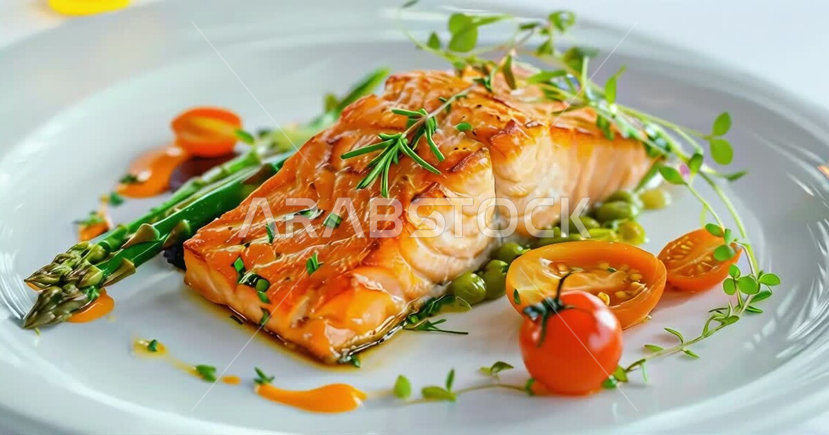 Seafood and healthy, grilled salmon fillet and green dill dish ...