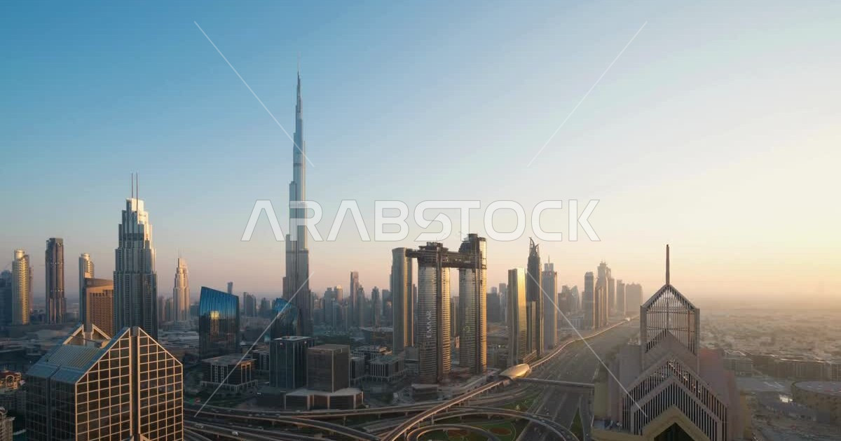 Hyperlapse of traffic on roads and streets, Burj Khalifa in Dubai ...