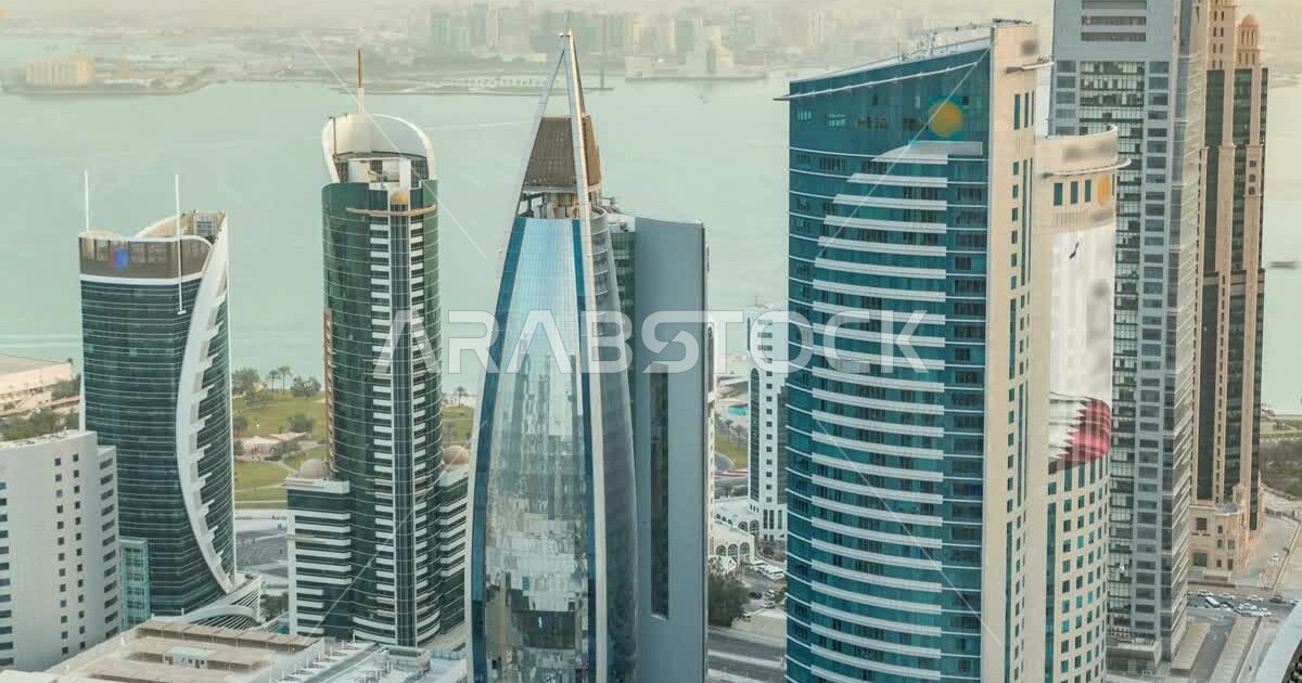 Doha waterfront, facilities and buildings overlooking Doha Corniche ...