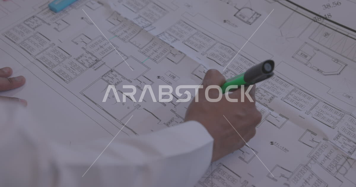 Planning and finalizing architectural plans, close-up of a Saudi Gulf ...