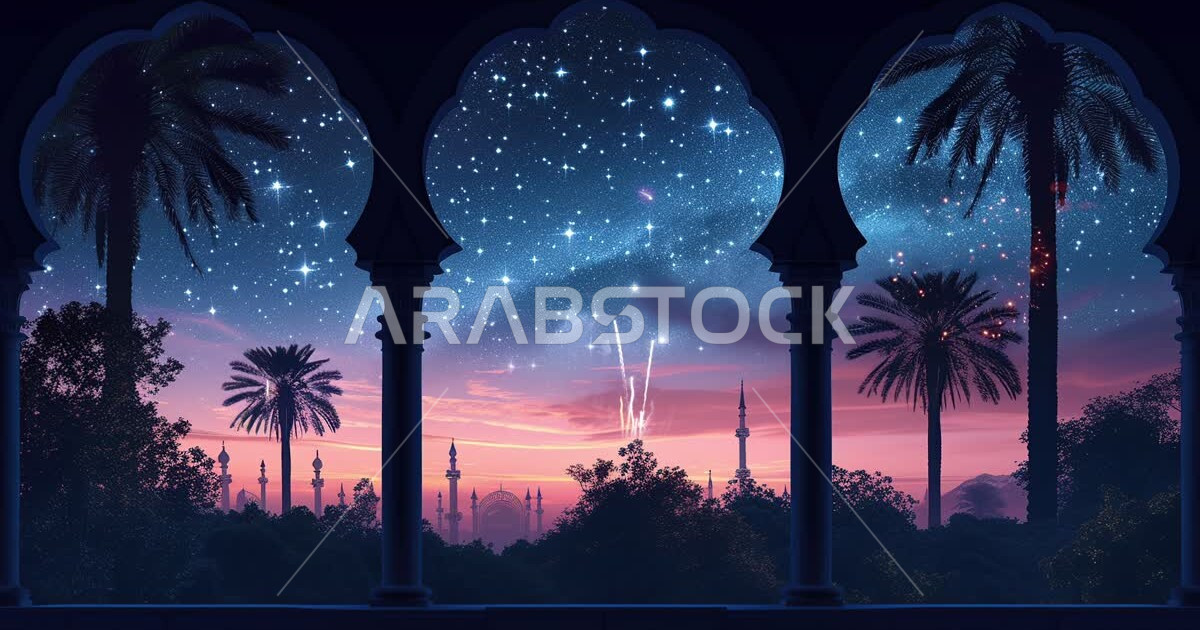 الاحتفال بالمناسبات والأعياد الإسلامية، منظر قبب ومآذن المساجد وقت ...