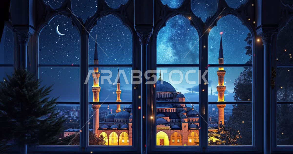 Glass facade overlooking an Arabic mosque illuminated at night, worship ...