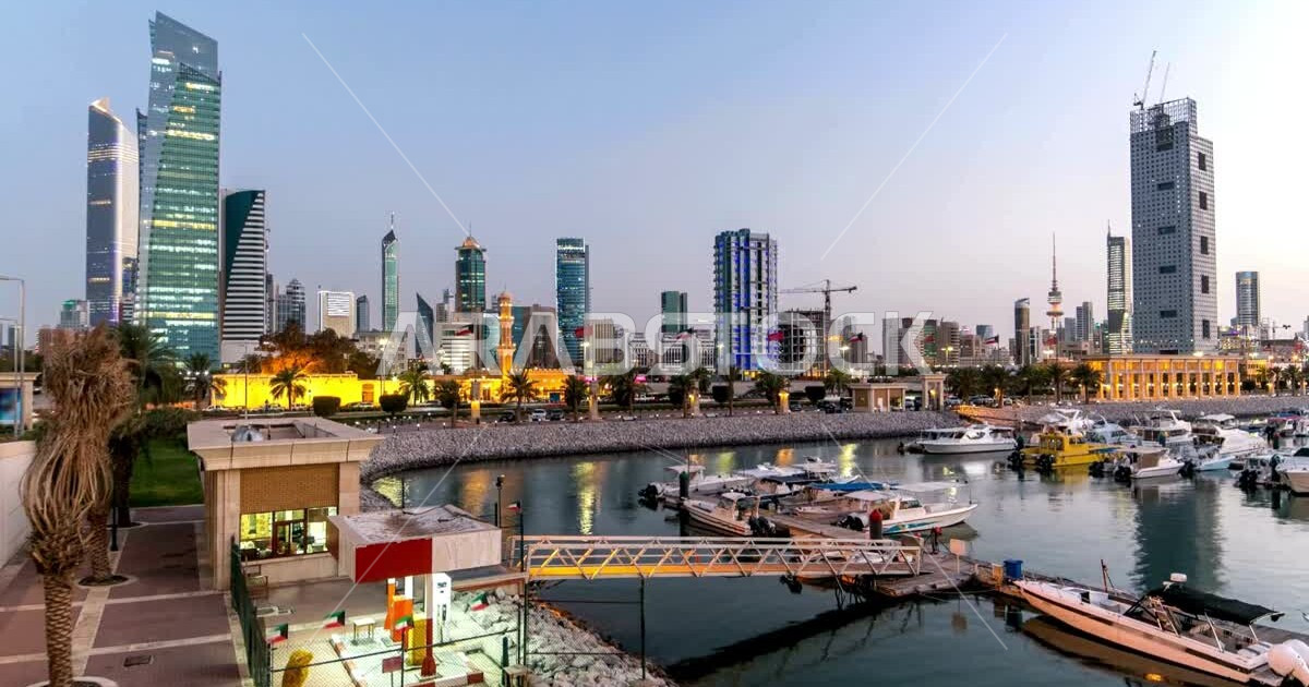 Time lapse of car movement in Kuwait, famous towers and landmarks of ...