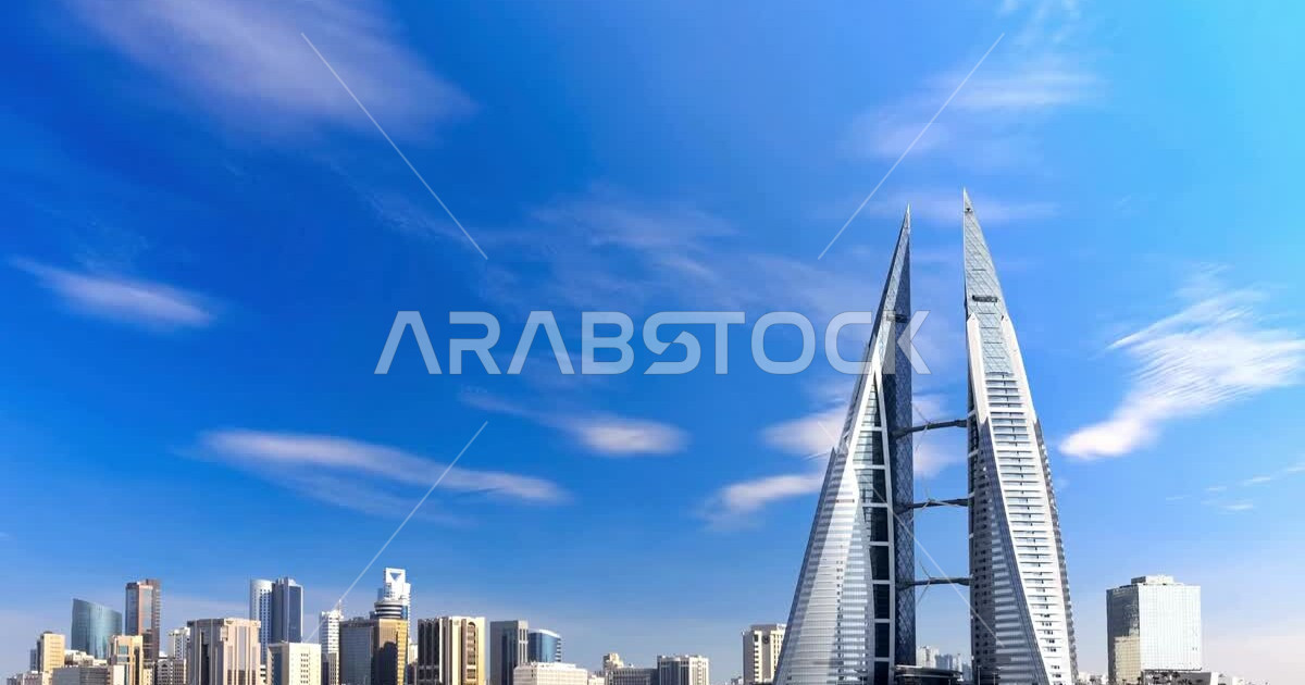 Bahrain World Trade Center, architectural art of towers and skyscrapers, view of the cloudy sky ...