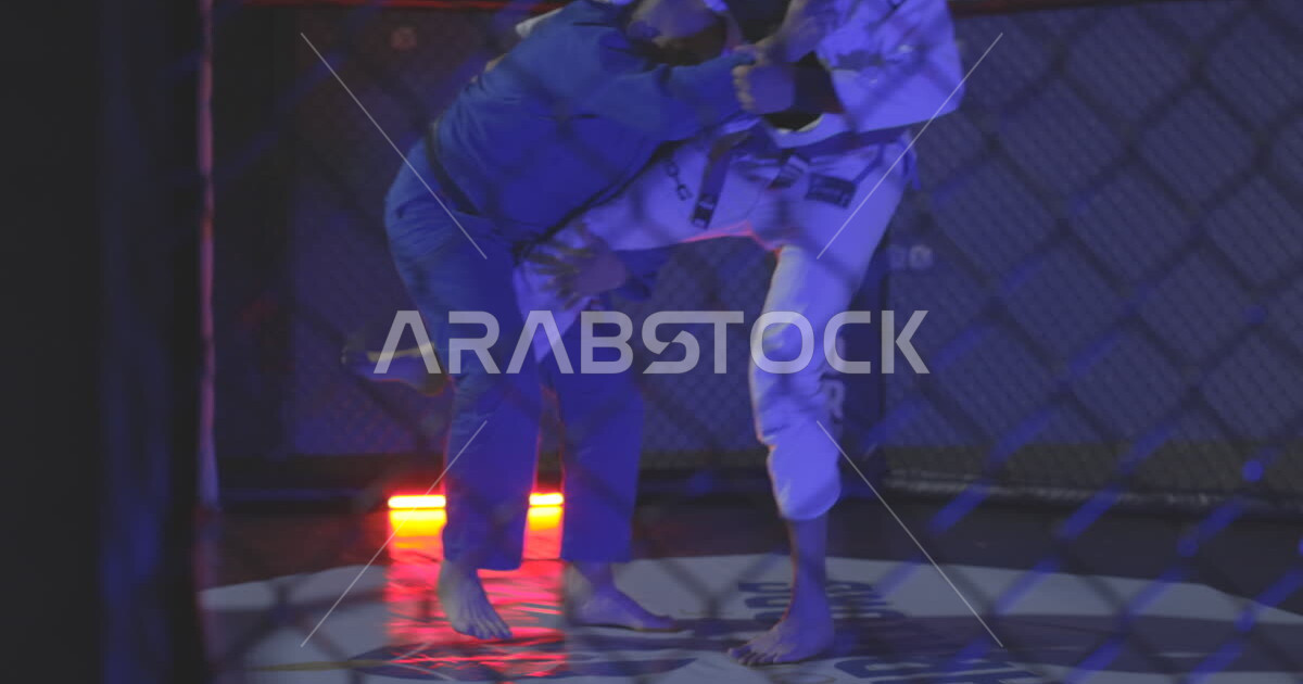 Learning martial arts, close-up of a young Saudi Arabian Gulf man ...