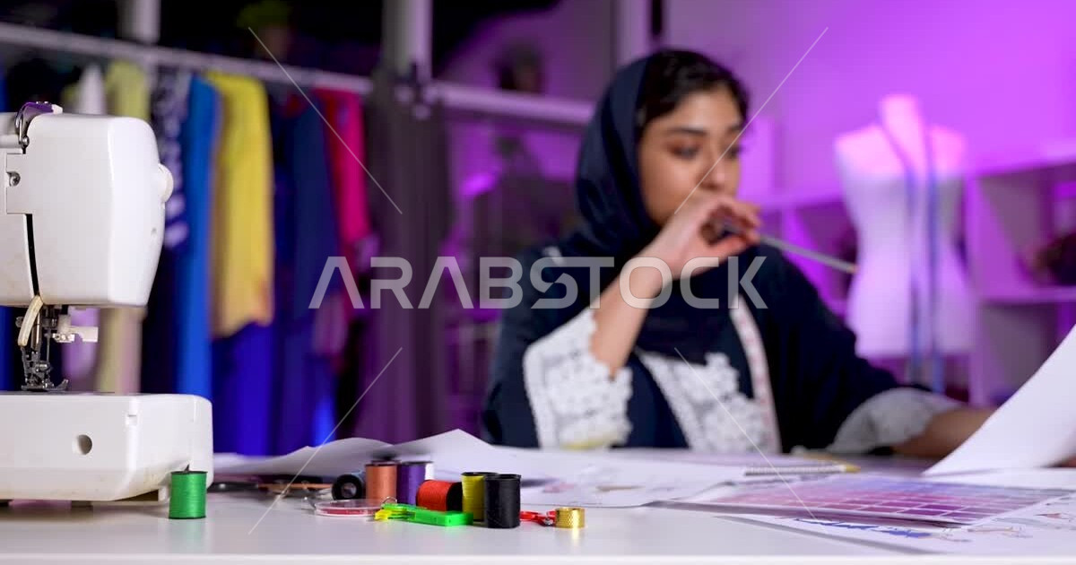 A beautiful veiled Saudi Arabian Gulf young woman smiling while working ...