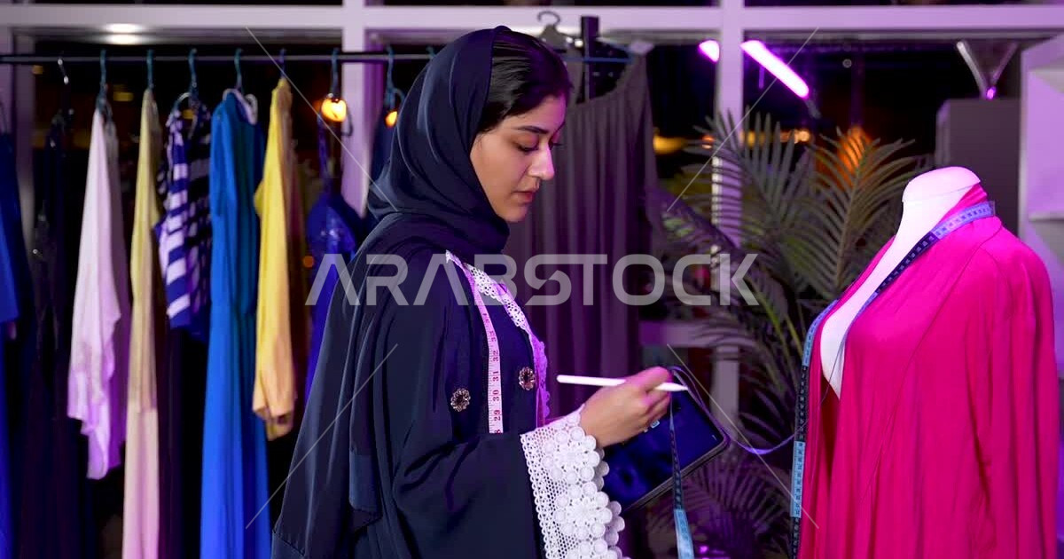 A beautiful veiled Saudi Arabian Gulf young woman smiling while working ...