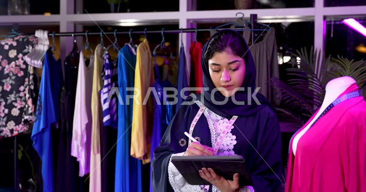 A beautiful veiled Saudi Arabian Gulf young woman smiling while working ...