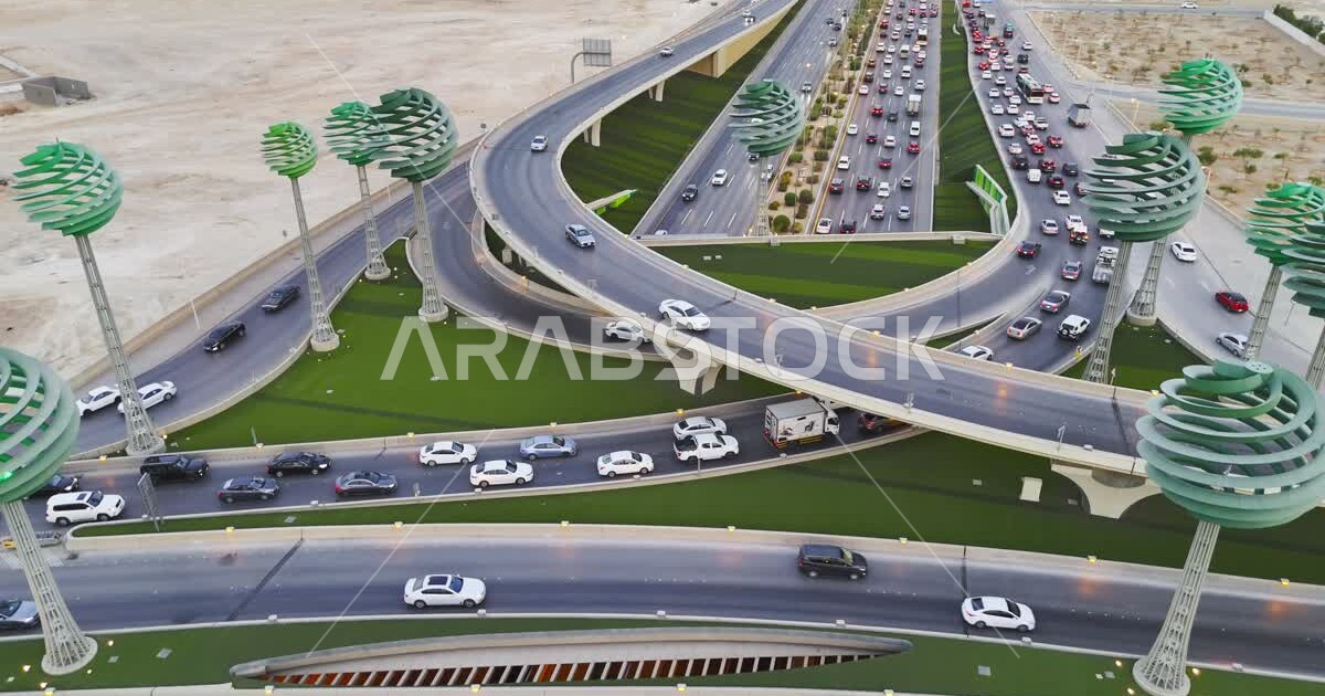 Aerial drone footage of traffic on the highway, famous landmarks of ...