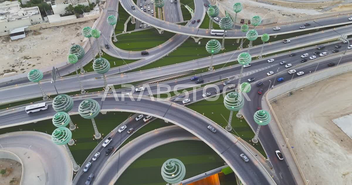Aerial drone footage of traffic on the highway, famous landmarks of ...