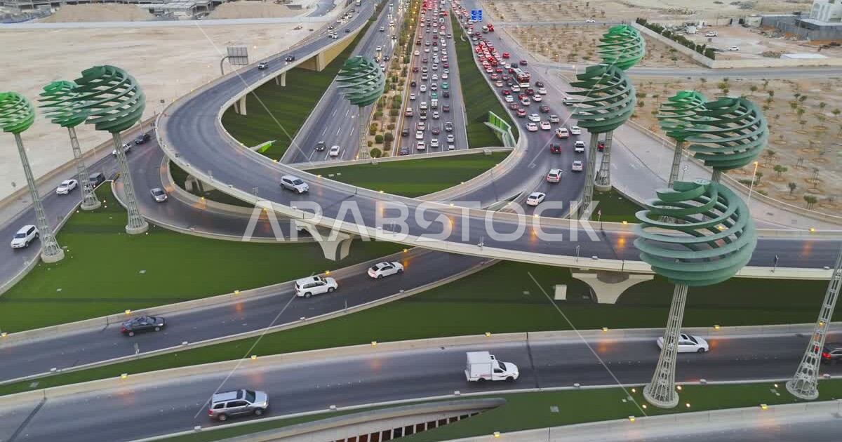 Aerial drone footage of traffic on the highway, famous landmarks of ...