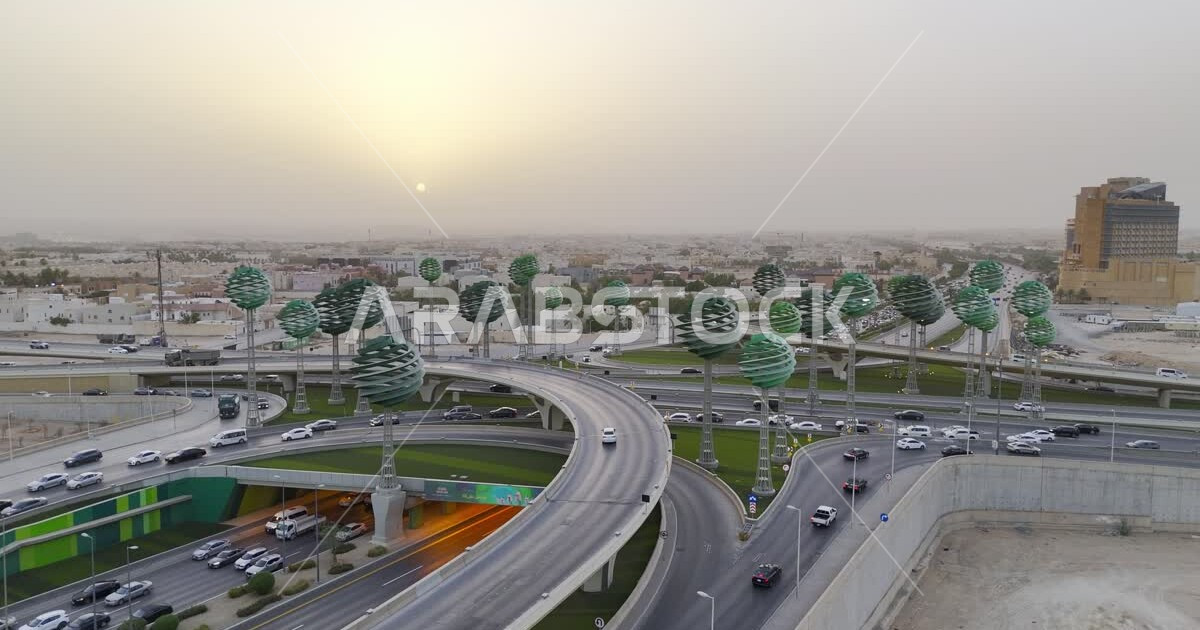 Famous landmarks of Riyadh, aerial drone photography of traffic on the ...