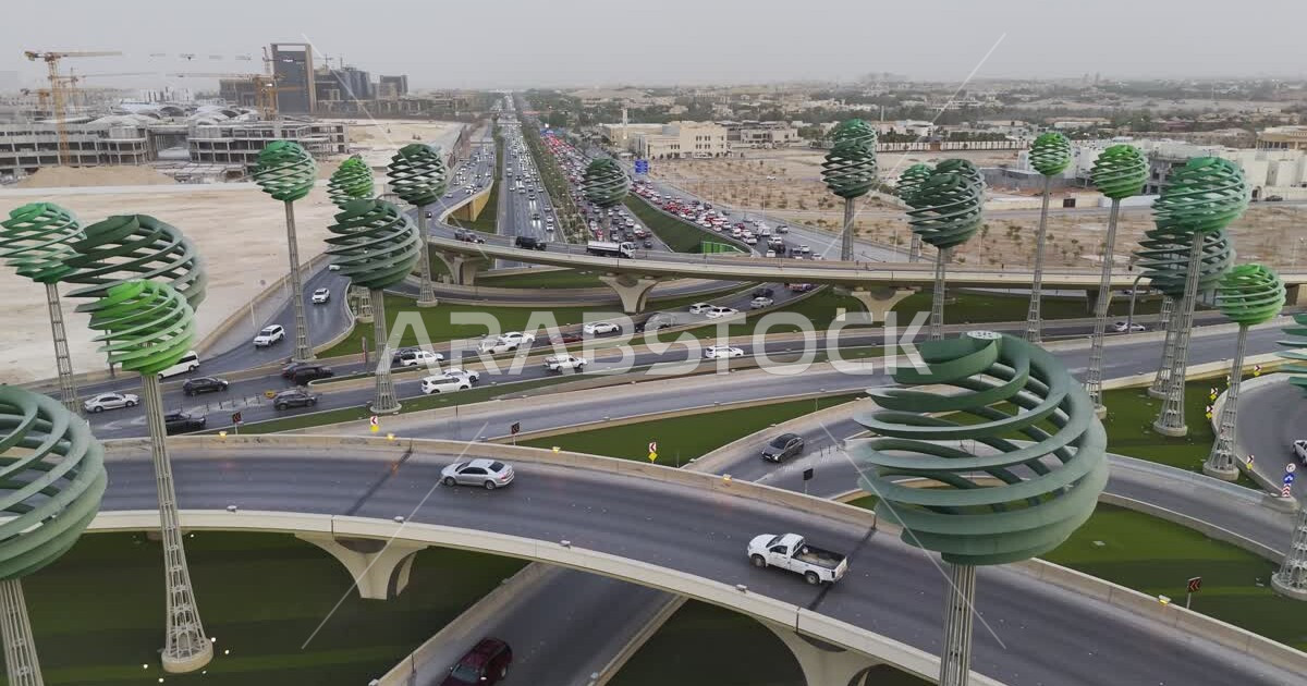 Famous landmarks of Riyadh, aerial drone photography of traffic on the ...
