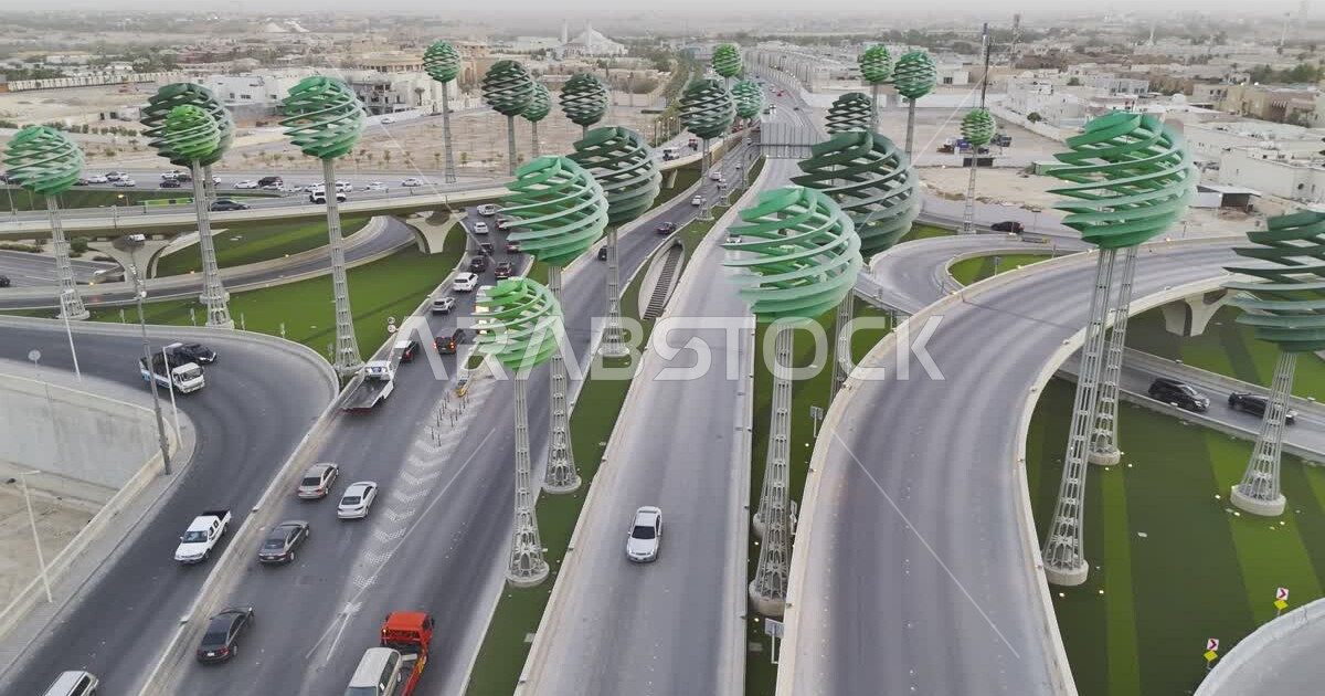 Famous landmarks of Riyadh, aerial drone photography of traffic on the ...