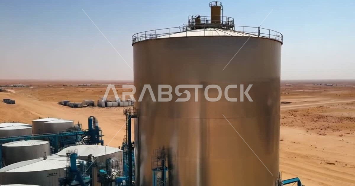 Extraction and export of underground resources, aerial drone photography at an oil exploration ...