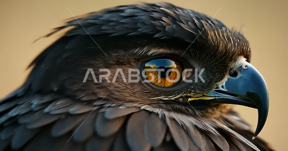 Pride in the rich Saudi heritage of falconry, a close-up of a falcon in ...