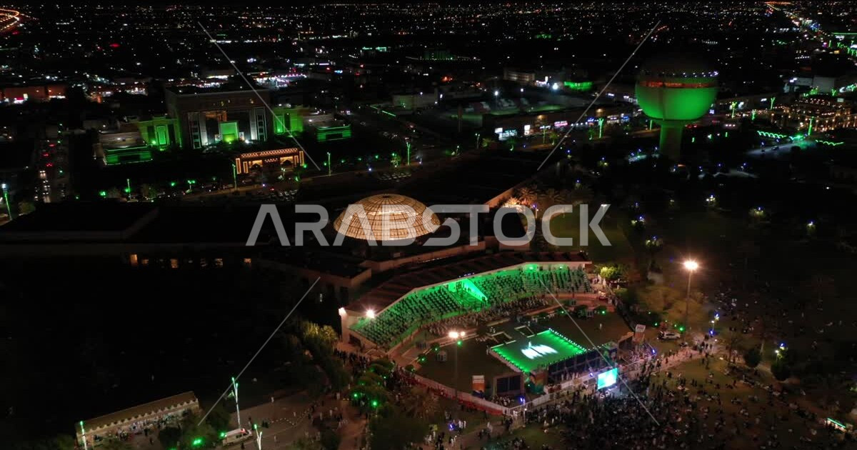 Lighting of towers and skyscrapers in the Saudi capital, aerial drone ...
