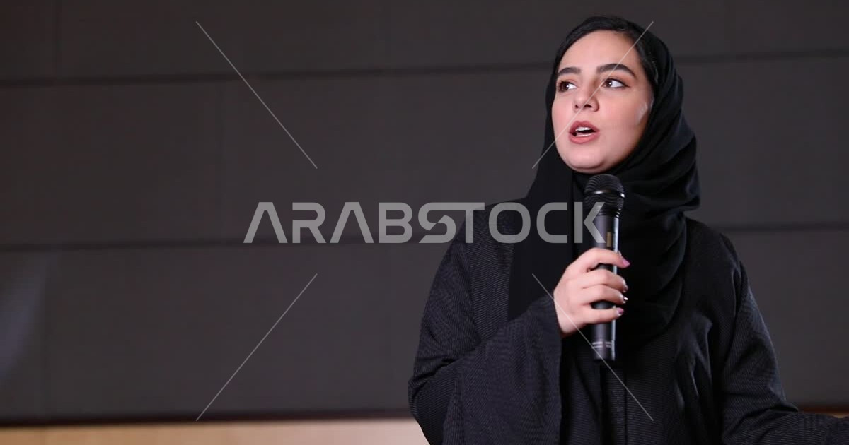 Saudi-Gulf women performing theatrical presentation on stage ...