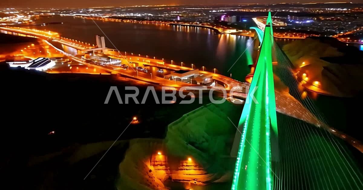 Illuminated entertainment venues at night, aerial drone footage of ...