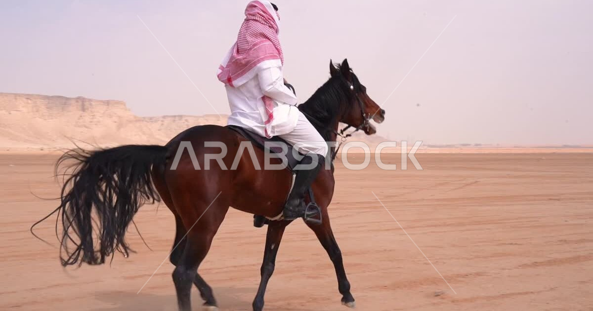 A Saudi Gulf rider riding horses at high speed in the picturesque Saudi ...