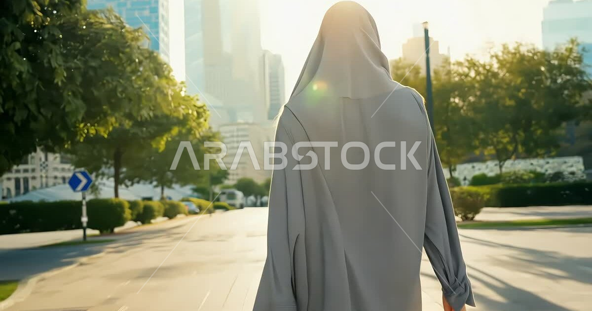 Preparing to leave the house, a shot from behind of a Saudi Arabian ...