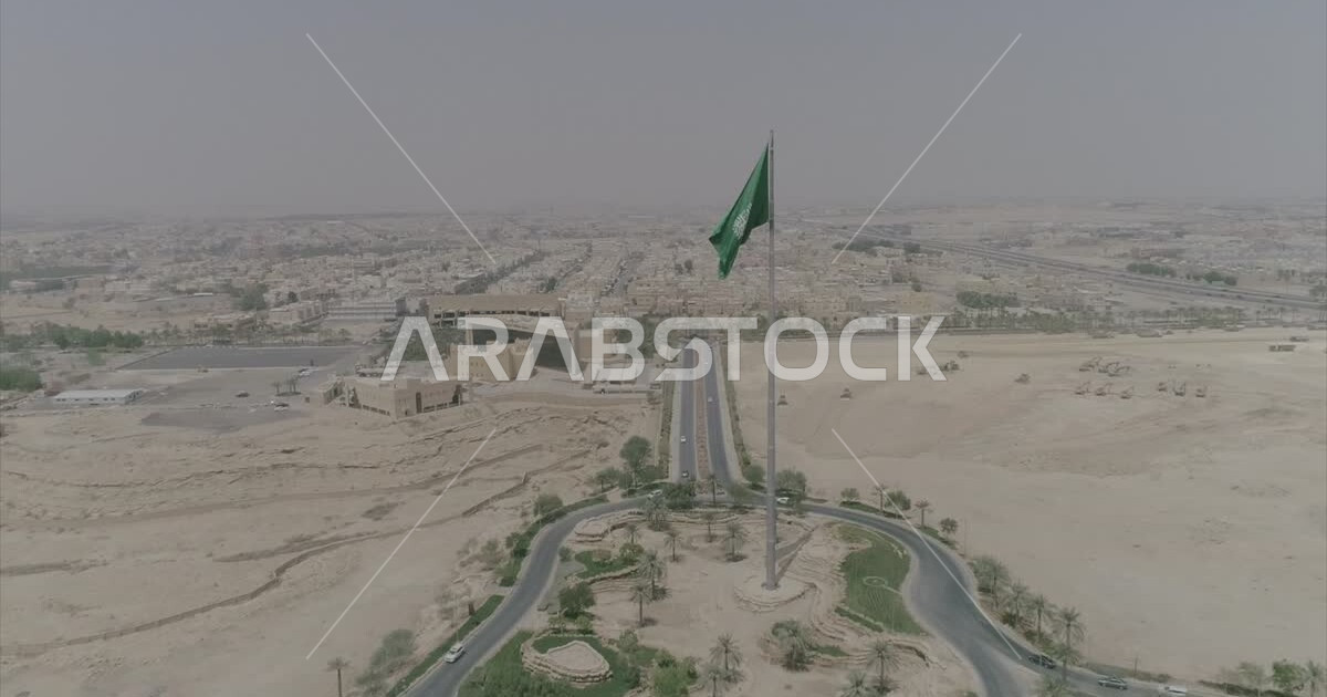 A view from above of the largest flagpole in the city of Jeddah in the ...
