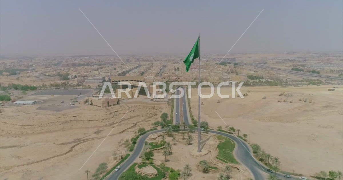 A view from above of the largest flagpole in the city of Jeddah in the ...