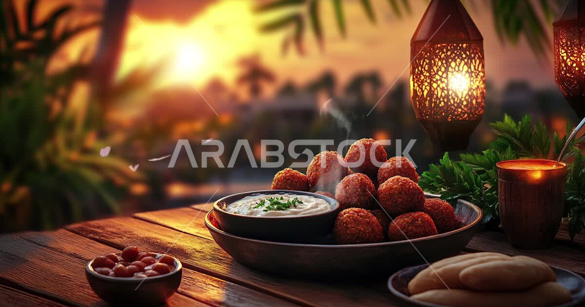 Oriental Arabic cuisine, plate of fried falafel patties cooked with ...