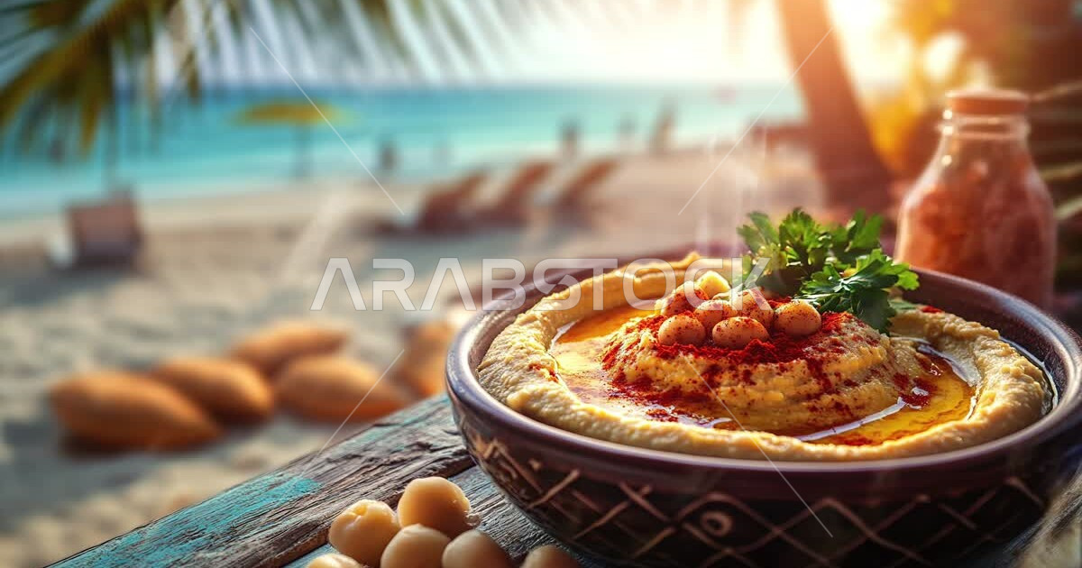 Oriental Arabic Food, A plate of mashed chickpeas with oil and parsley ...