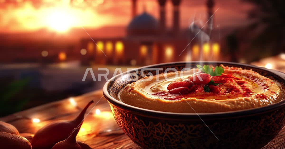 Oriental Arabic Food, A plate of mashed chickpeas with oil and parsley ...
