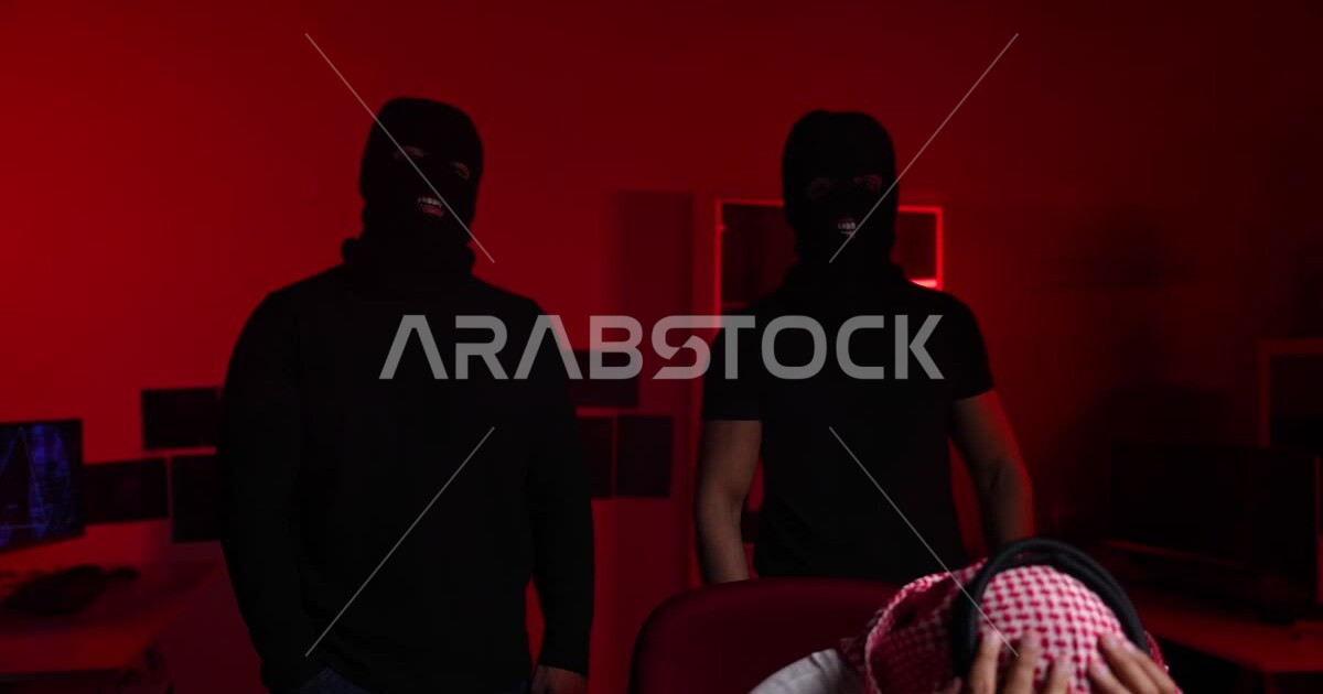 Masked hacker men laughing sarcastically, gestures of the face and ...