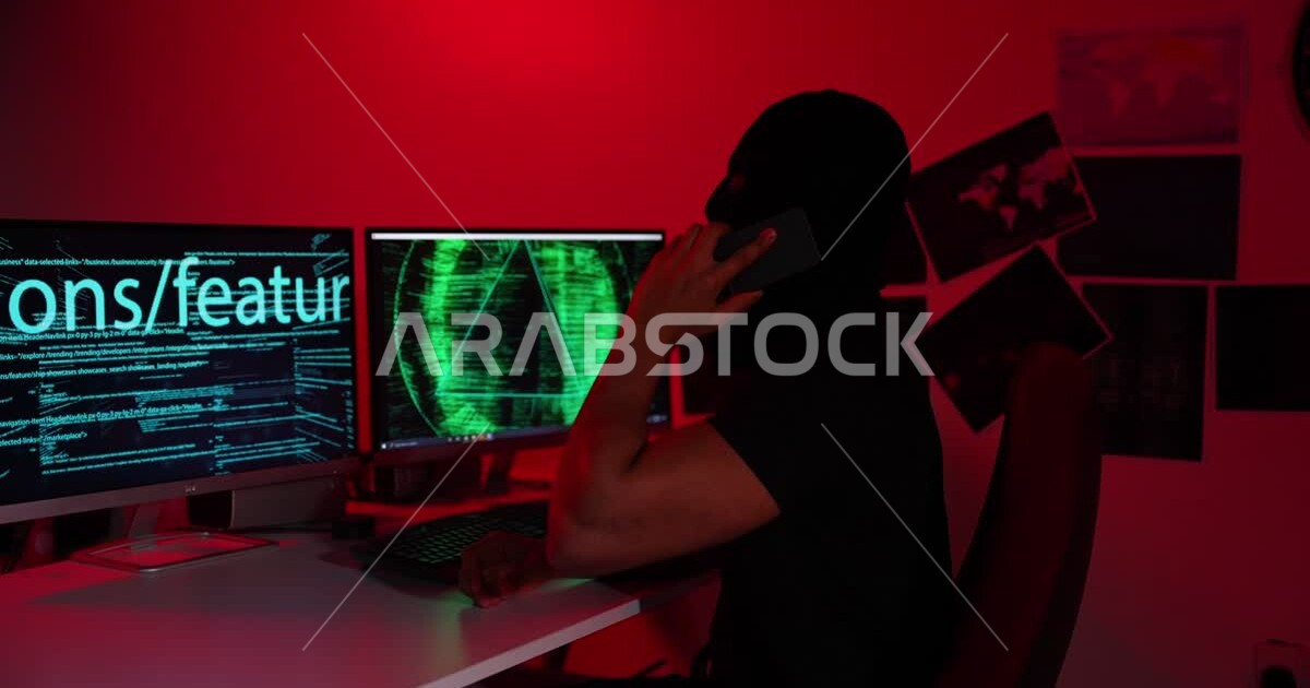 A hacker using a mobile phone laughing sarcastically, sitting in front ...