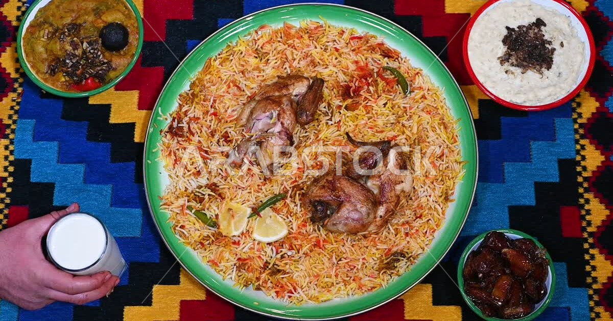 Folk dishes, Saudi Arabian Gulf food, chicken kabsa dish, jereesh ...