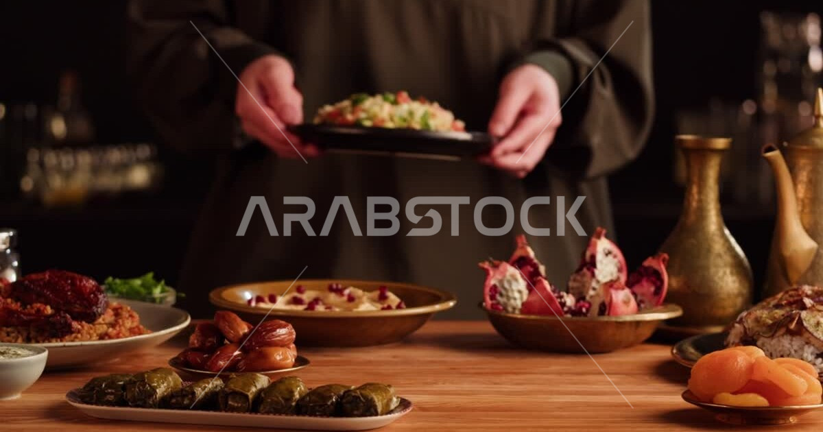 A Saudi Arabian Gulf woman preparing food for holidays and religious ...