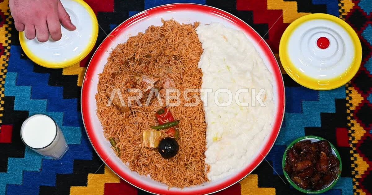 Folk dishes, Saudi Arabian Gulf food, a dish consisting of kabsa and ...