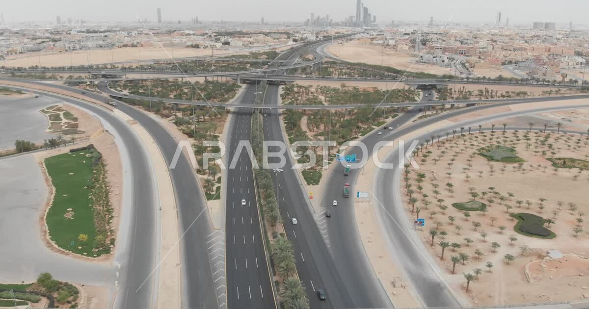 A view from above of car traffic at the eastern entrance on the highway ...