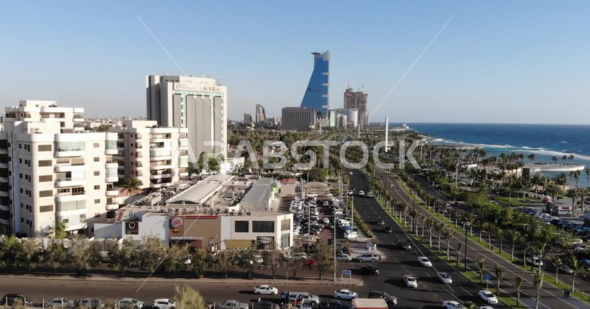 Aerial photography of the Corniche Road on the beaches of Jeddah, the ...