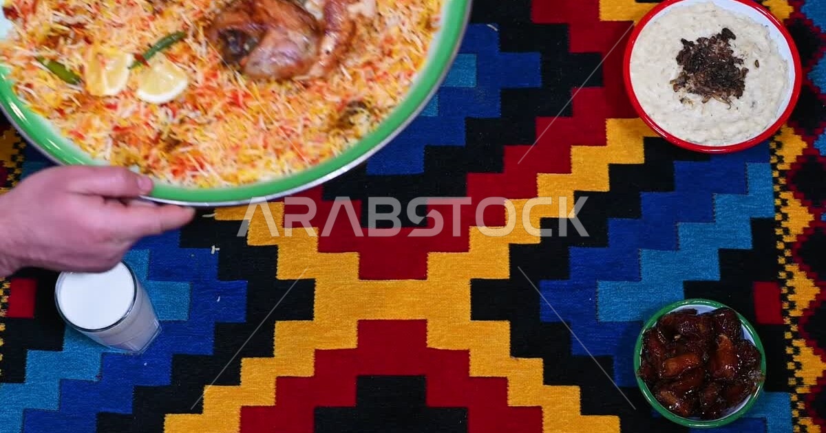 Folk dishes, Saudi Arabian Gulf food, chicken kabsa dish, groats ...