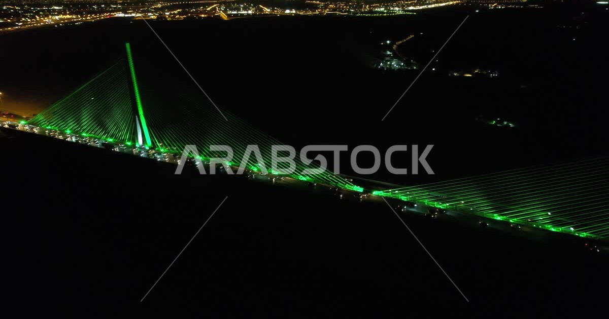 Night aerial photography of the Riyadh suspension bridge supported by ...