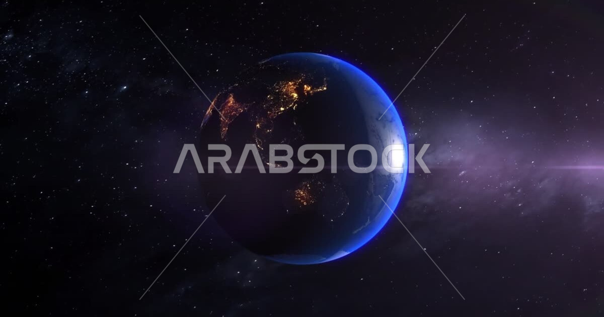 Planet Earth surrounded by stars and asteroids in outer space at night ...