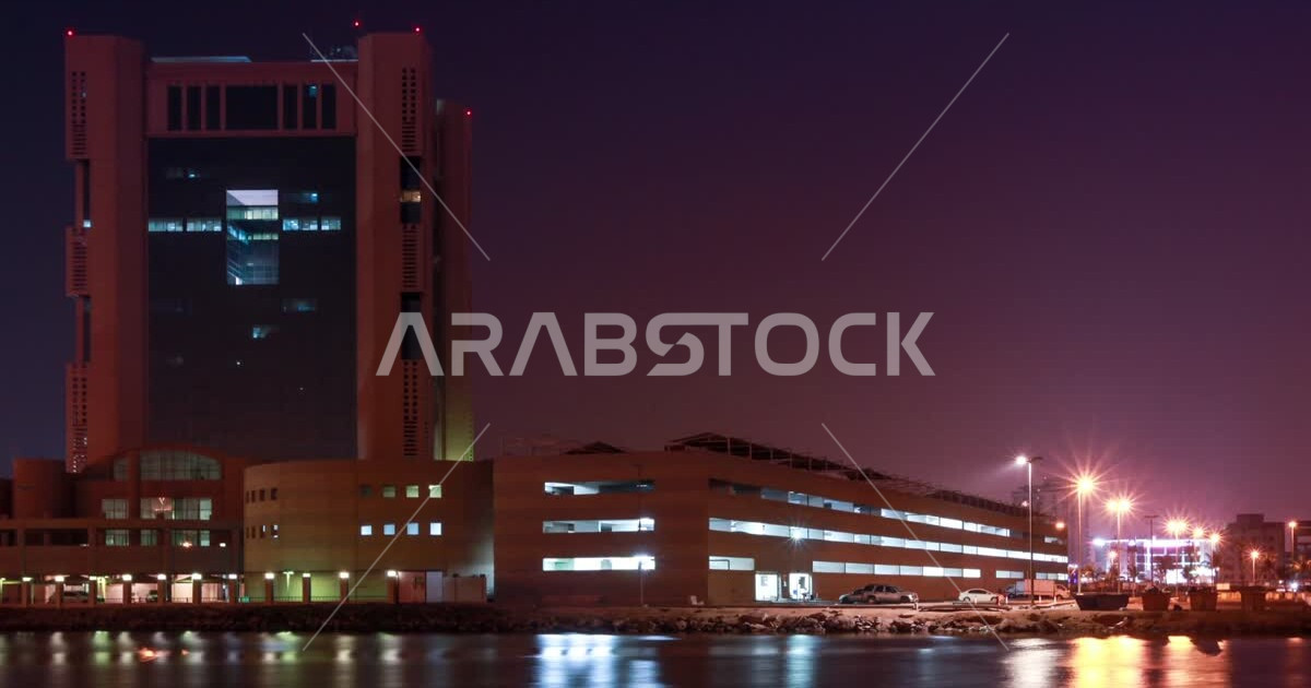 Night photography of the Jeddah Municipality building in Saudi Arabia ...