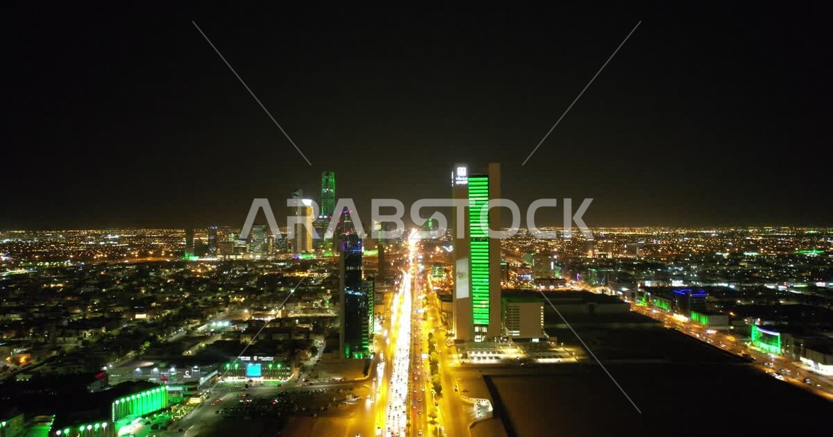 Drone photography of Al Rajhi Tower in Riyadh, Saudi Arabia at night ...