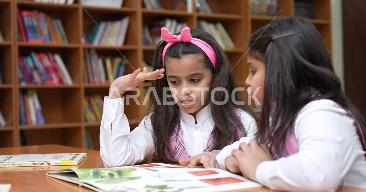 Two Saudi Arabian Gulf students sitting in the school library, enjoying ...