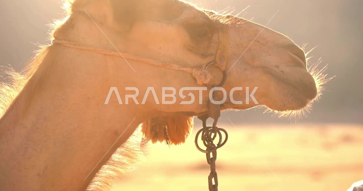 Close up of a camel at sunset, camel farms in desert areas, nature ...