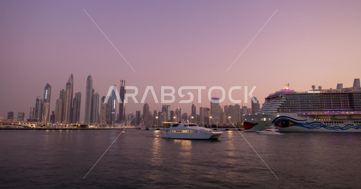 Waterfront overlooking the Arabian Gulf, Timelapse of ships and boats ...