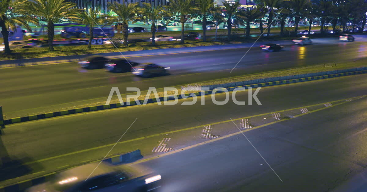 Night static shot of traffic in the streets of Riyadh, Saudi Arabia ...