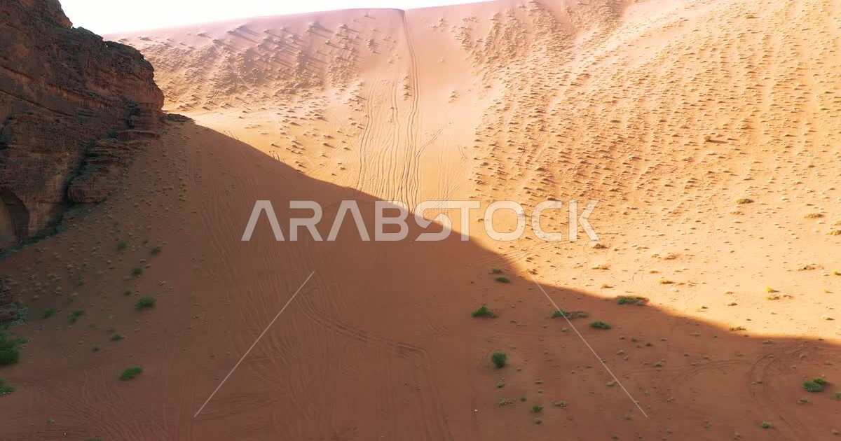 Drone photography of golden sands in the desert of the Bajdah Neom ...