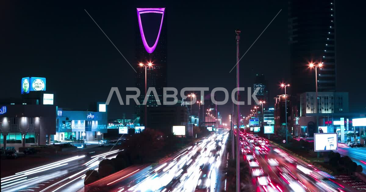 time lapse of the landmark of the Kingdom Tower, Olaya Street in Riyadh ...