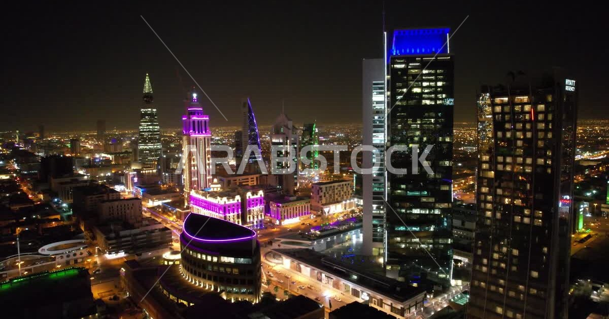 Aerial photography of Olaya district in Riyadh, Saudi Arabia at night ...